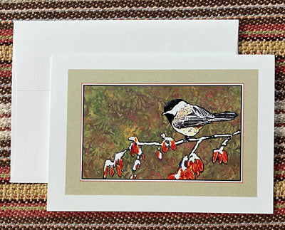 Polly French: Chickadee on Branch in Winter Card – Salmon Falls Gallery